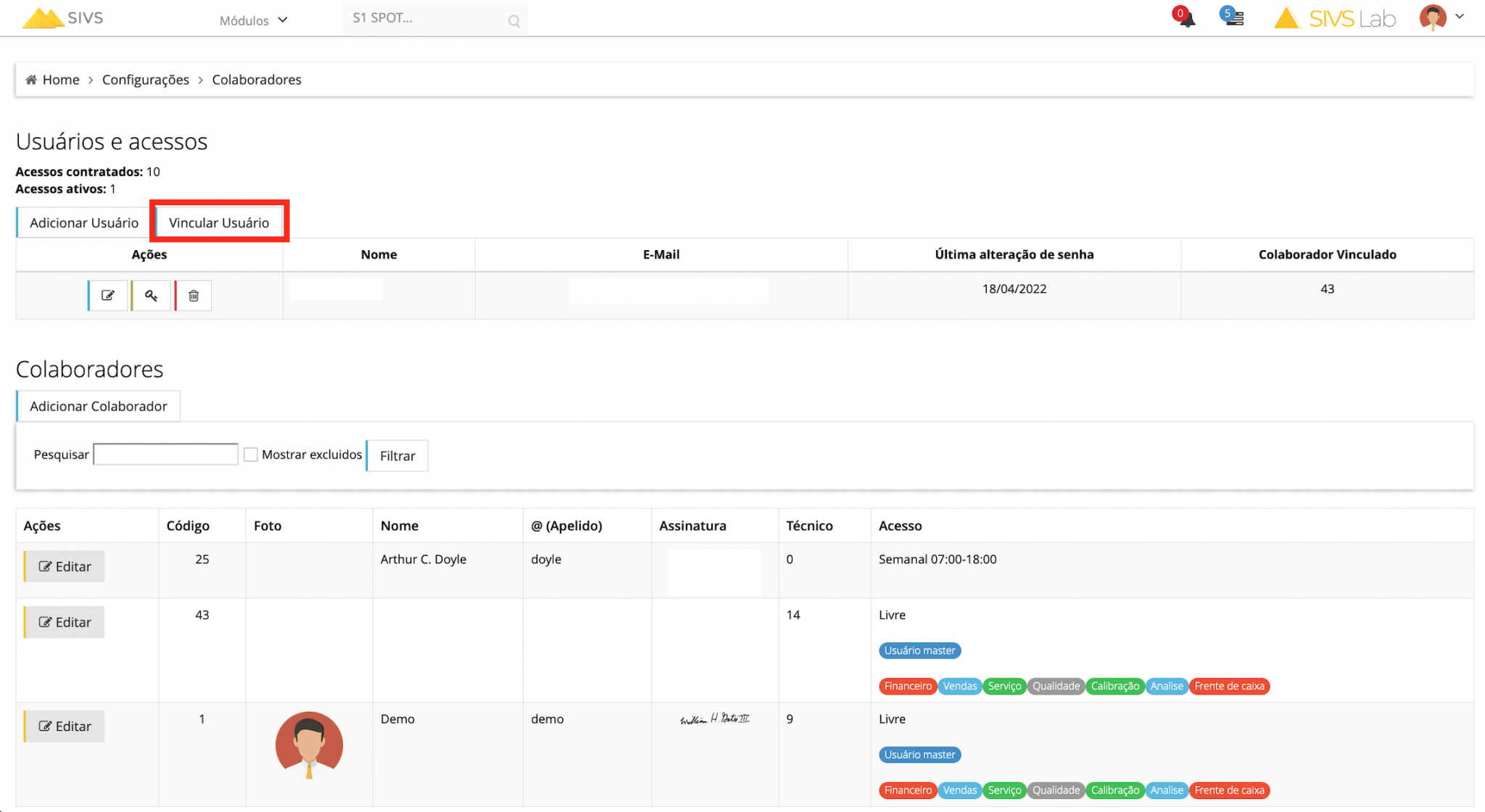 Colaboradores | Vincular usuário – SIVS